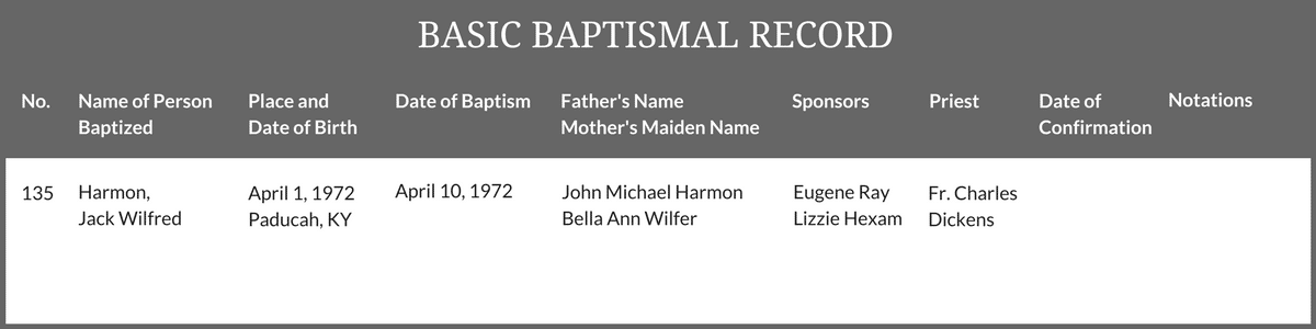 Basic Baptism Record – Diocese of Owensboro